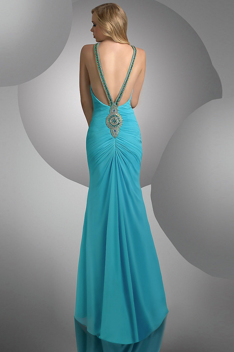 Robe De Bal Sirène En Mousseline De Soie Bleue Ornée De Strass