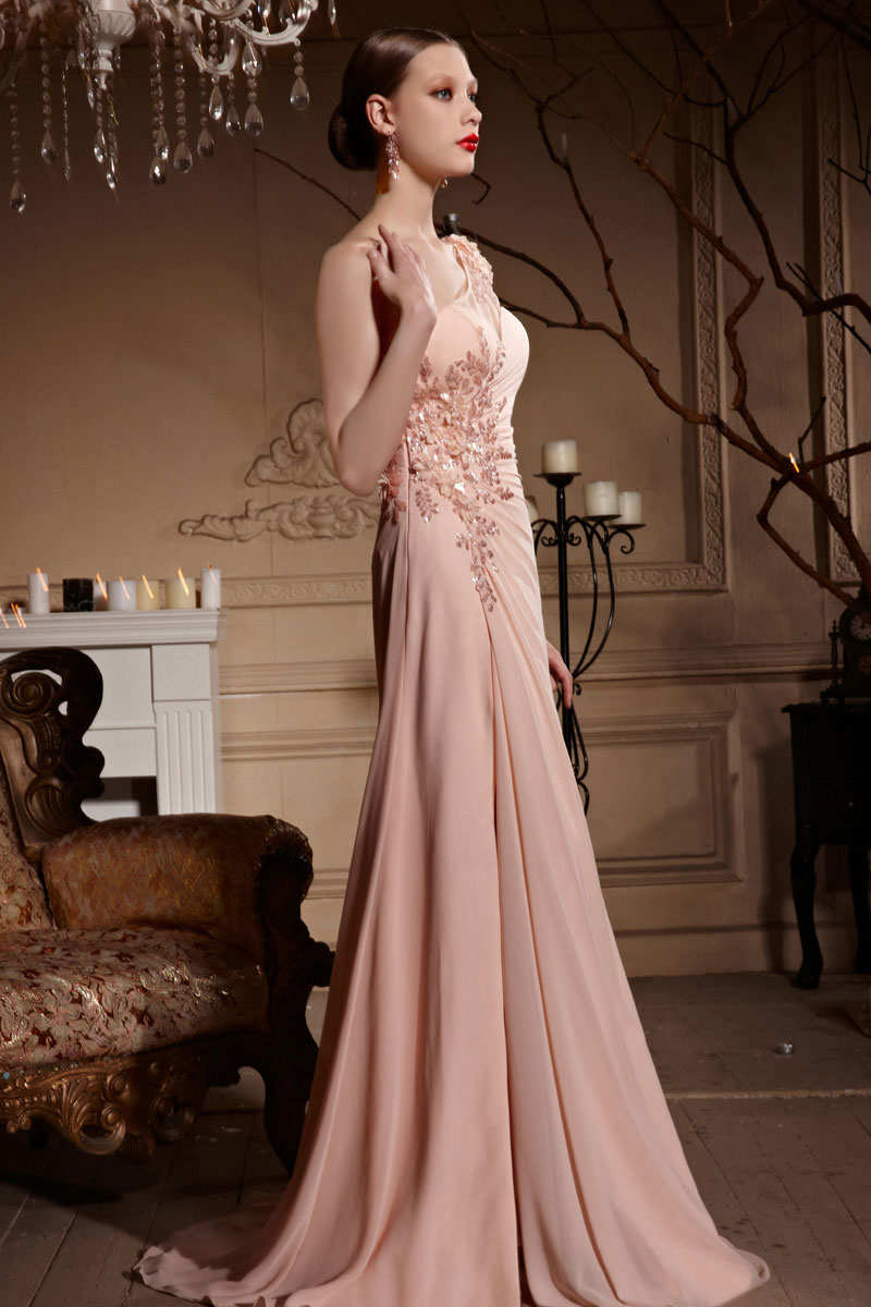 Robe Soirée Rose Pâle Bustier Coeur Asymétrique Appliqués Jmrouge Fr